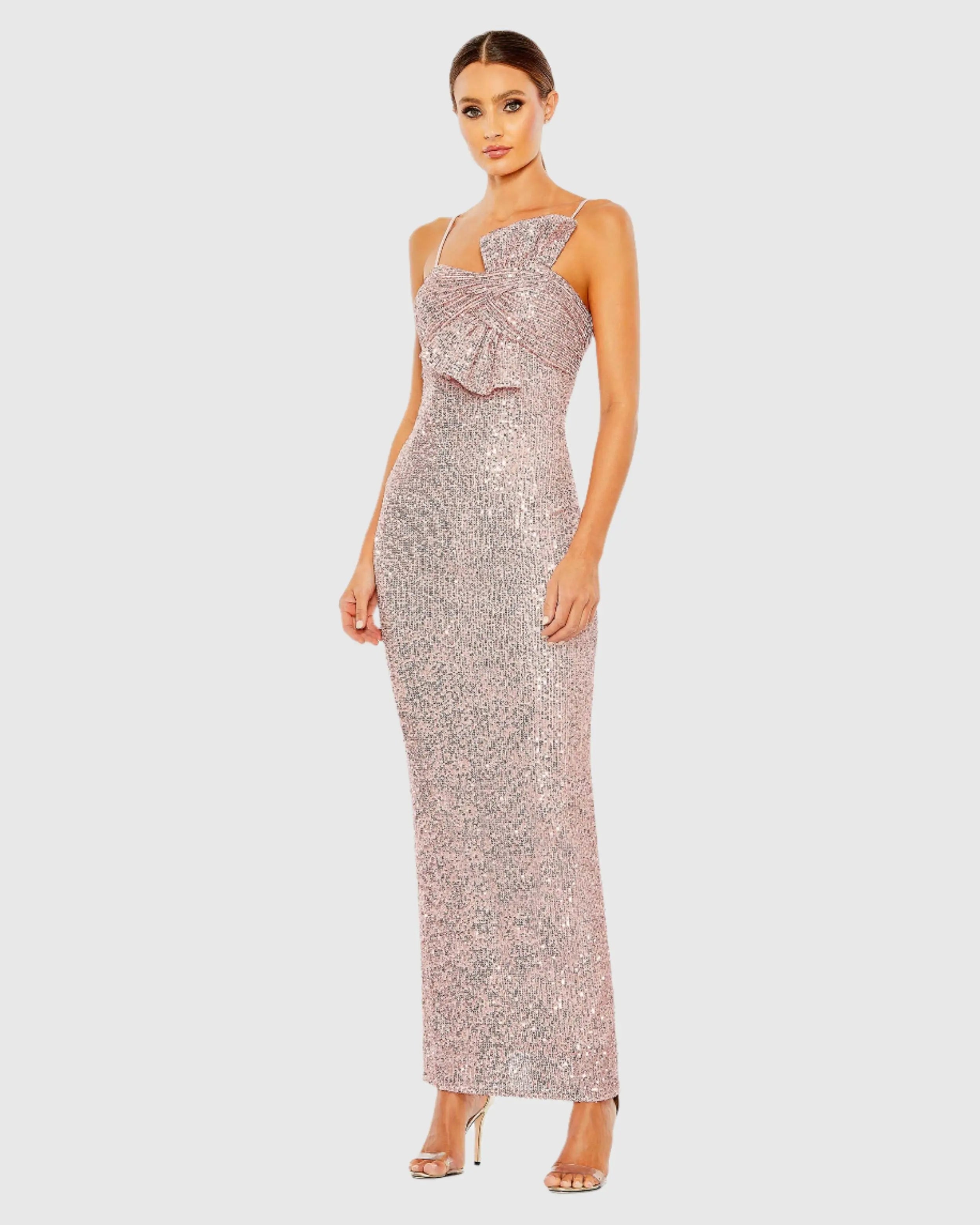MAC DUGGAL Ieena for Mac Duggal Sequined Column Gown with Faux Bow Detail